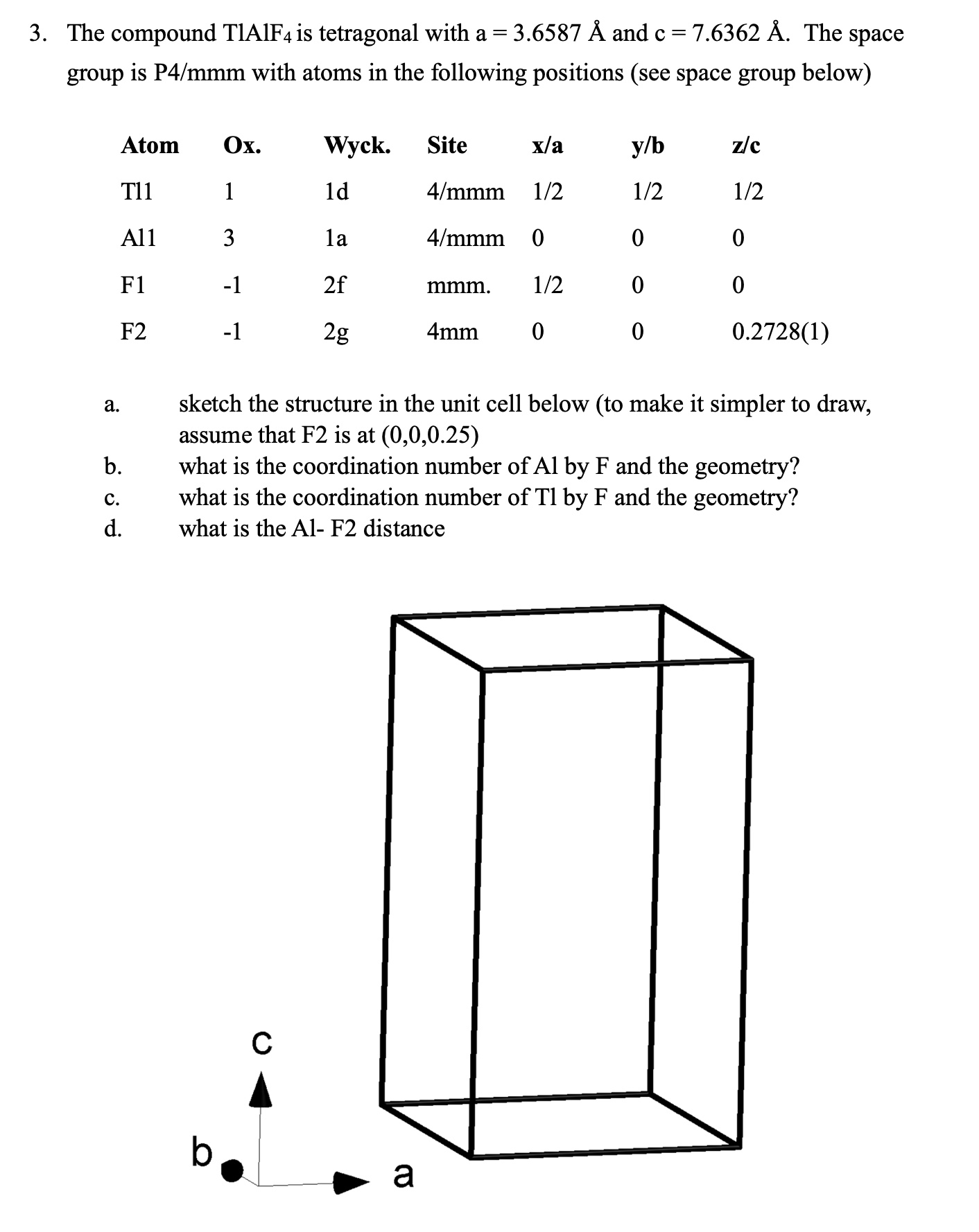 Solved The compound TlAlF4 ﻿is tetragonal with a=3.6587Å | Chegg.com