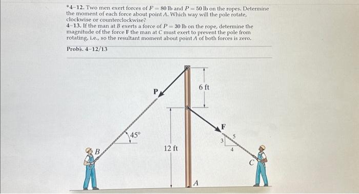 Solved *4-12. Two men exert forces of F=80lb and P=50lb on | Chegg.com