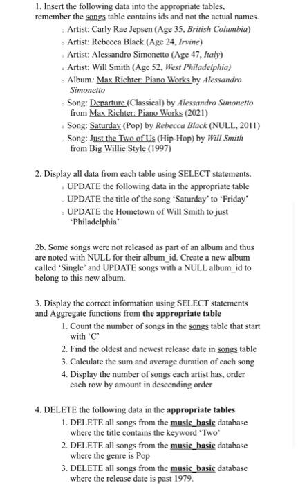 Solved 1. Insert the following data into the appropriate | Chegg.com