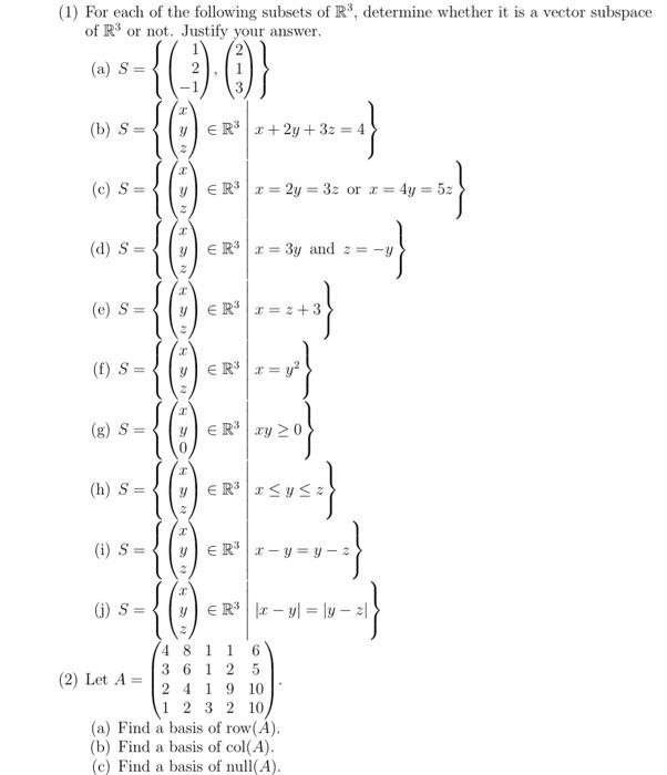 Solved (1) For each of the following subsets of R3, | Chegg.com
