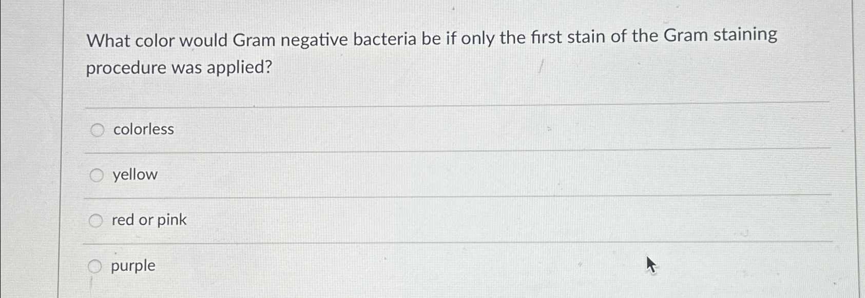 Solved What color would Gram negative bacteria be if only | Chegg.com