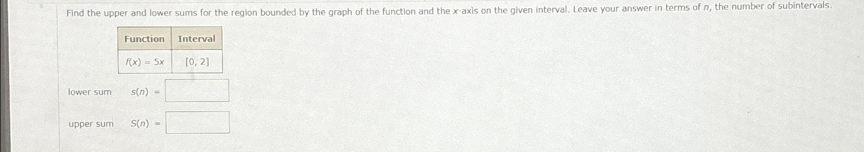Solved \table[[Function,Interval],[f(x)=5x,0,2 | Chegg.com