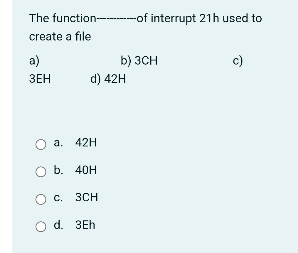 Solved The function-of interrupt 21 h used to create a file | Chegg.com