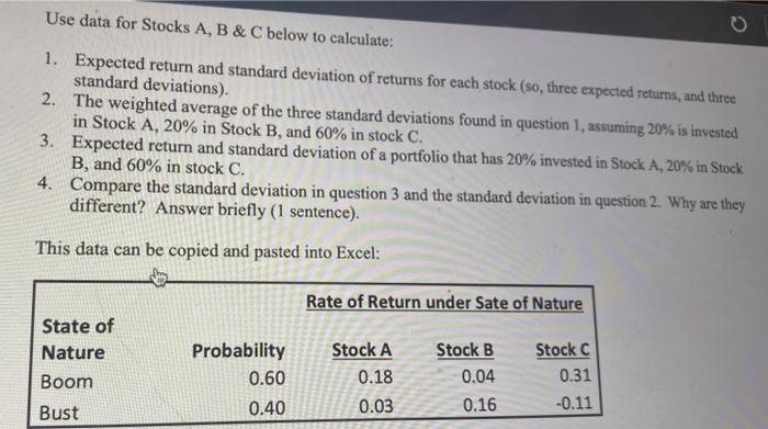 Solved Use data for Stocks A, B \& C below to calculate: 1. | Chegg.com