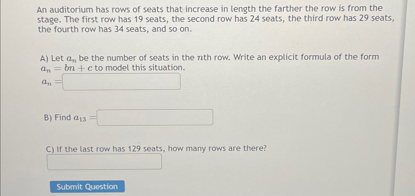 Solved An auditorium has rows of seats that increase in | Chegg.com