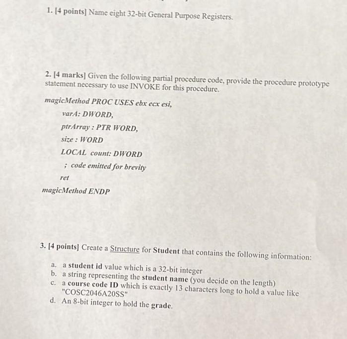 Solved 1. [4 points] Name eight 32-bit General Purpose | Chegg.com