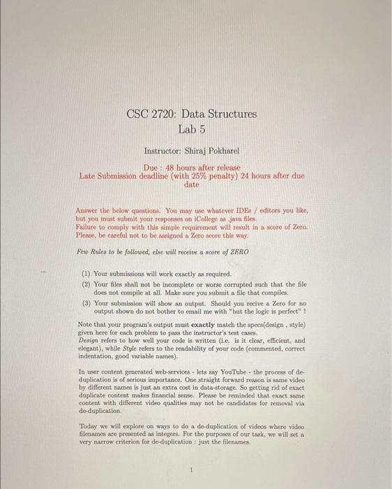 Solved Csc 2720 Data Structures Lab 5 Instructor Shiraj