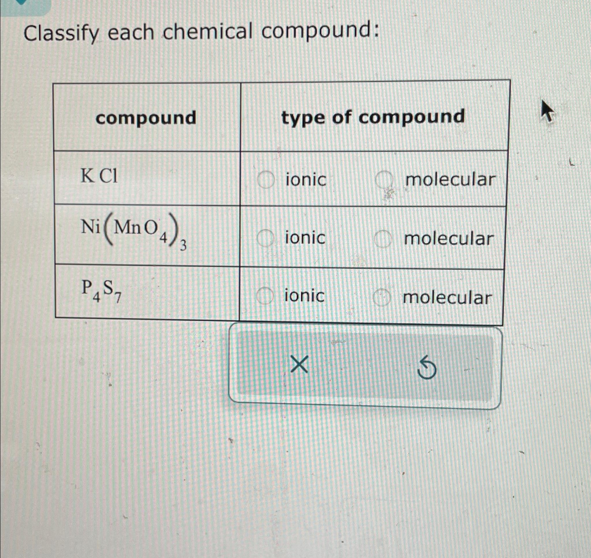 Solved Classify each chemical compound:\table[[compound,type | Chegg.com