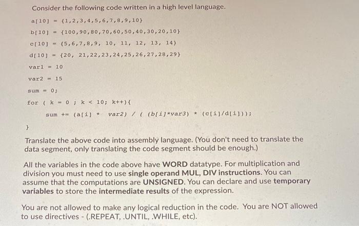Solved Consider the following code written in a high level | Chegg.com