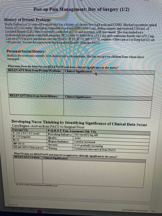 Solved Post-op Pain Management: Day of Surgery (1/2) History | Chegg.com