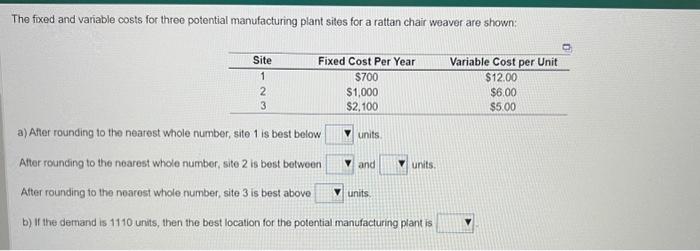 Solved The fixed and variable costs for three potential | Chegg.com