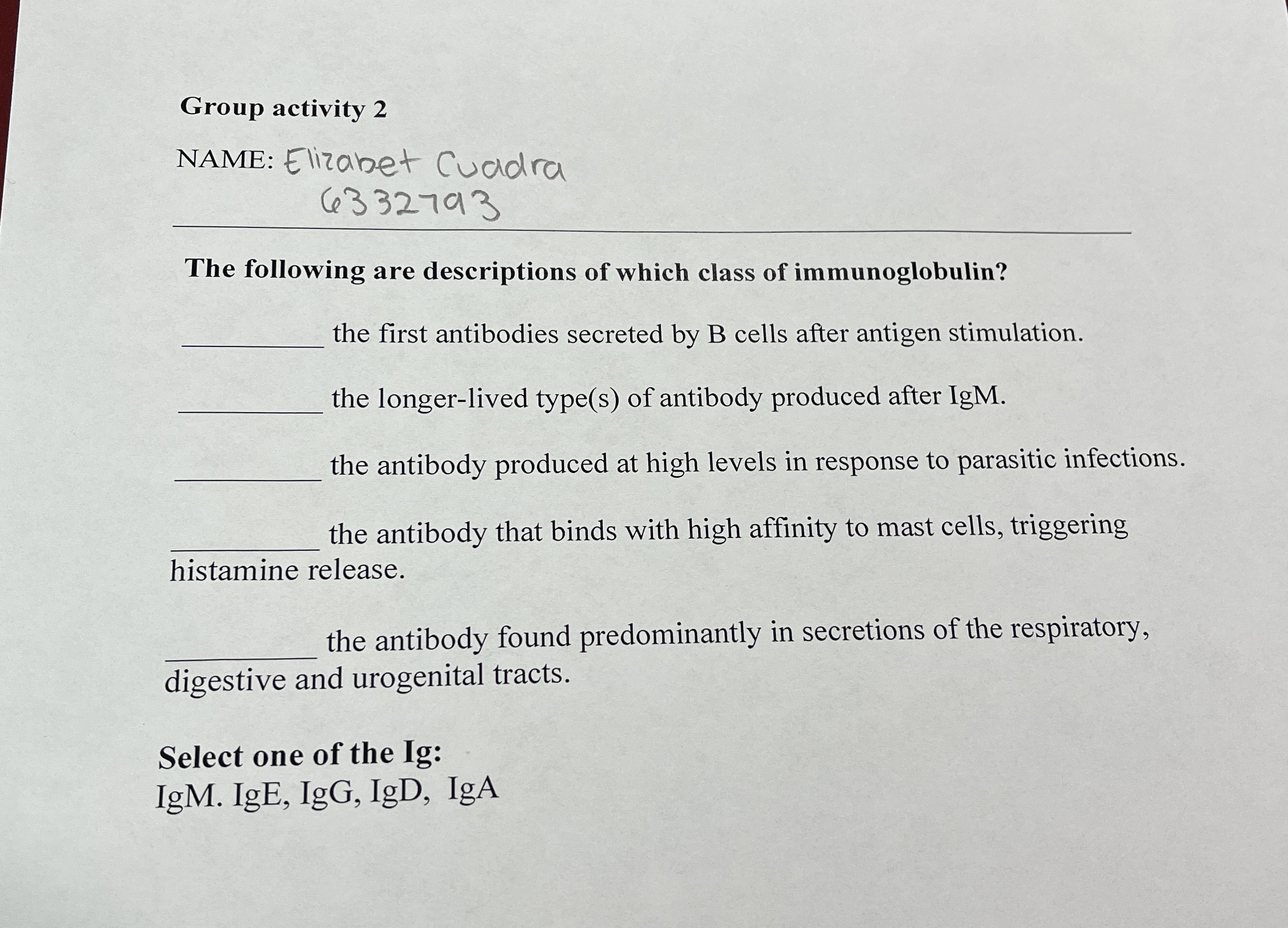 Solved Group activity 2NAME: Elizabet Cuadra6332793The | Chegg.com