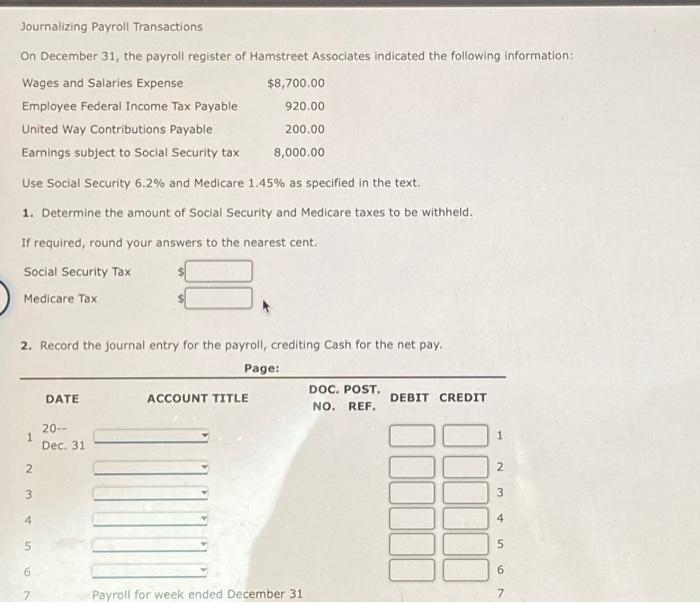 Solved Journalizing Payroll Transactions On December 31, the | Chegg.com