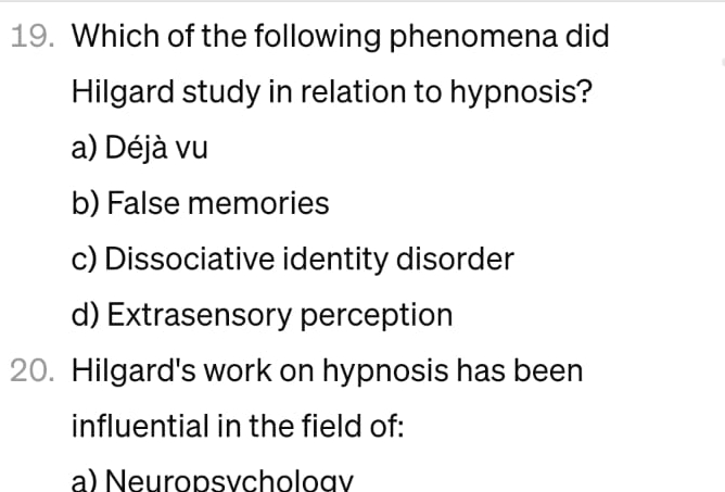 Solved Which of the following phenomena did Hilgard study in | Chegg.com