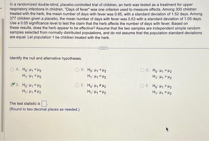Solved In a randomized double-blind, placebo-controlled | Chegg.com