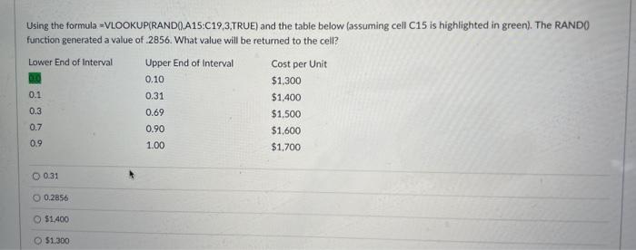 Solved Using the formula =VLOOKUP(RAND().A15:C19,3.TRUE) and | Chegg.com