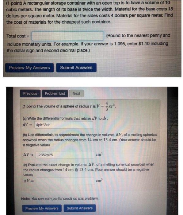 Solved (1 point) A rectangular storage container with an | Chegg.com