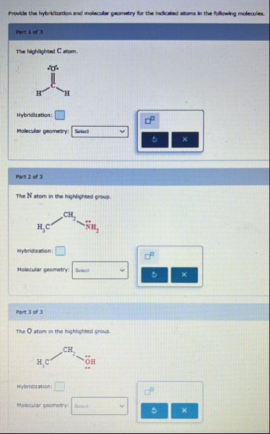 Solved Provide the hybridization and molecular geometry for | Chegg.com