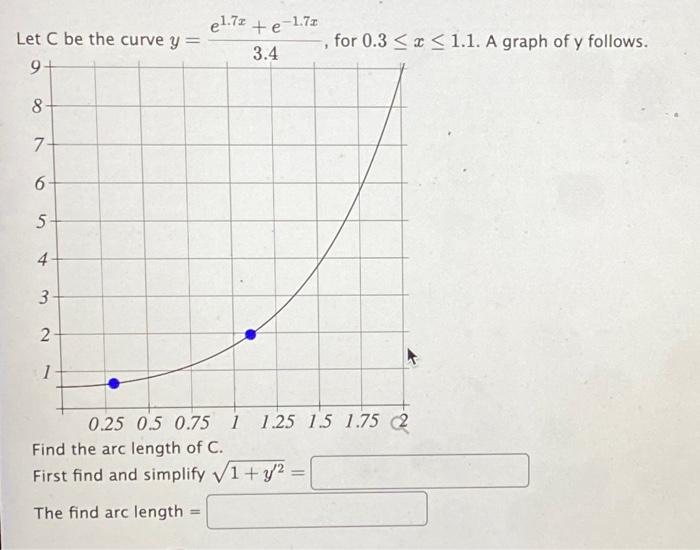Solved Let C be the curve y=1e1.7x+e−1.7x, for 0.3≤x≤1.1. A | Chegg.com
