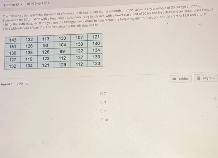 Solved Question 33 - of 40 Step 1 of 1 The following data | Chegg.com