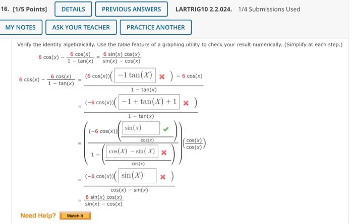 Solved Verify the identity algebraically. Use the table | Chegg.com
