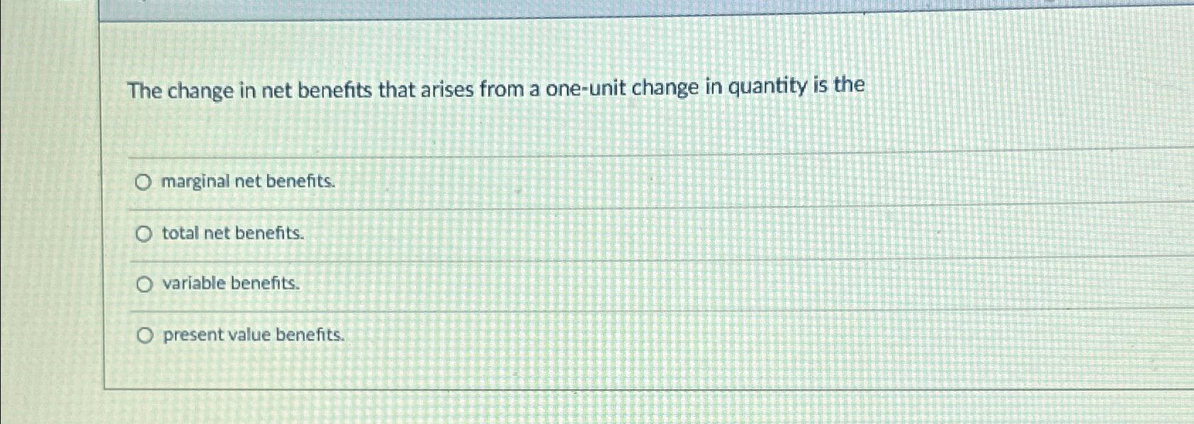 Solved The change in net benefits that arises from a | Chegg.com