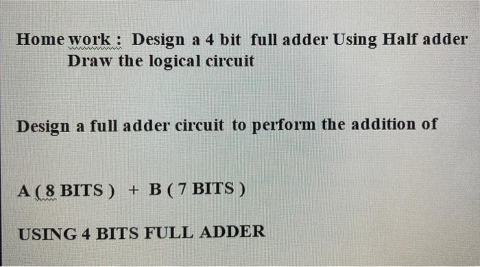 Solved Home work : Design a 4 bit full adder Using Half | Chegg.com