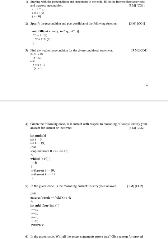 Solved 1) Starting with the postcondition and statements in | Chegg.com
