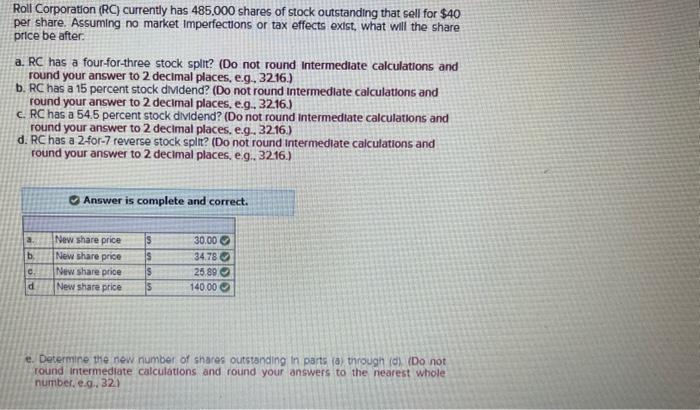 Solved Roll Corporation (RC) currently has 485,000 shares of | Chegg.com