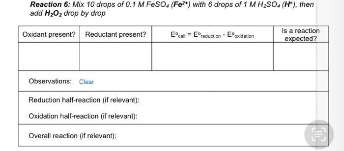 Solved Reaction 6: Mix 10 drops of 0.1 M FeSO4 (Fe2+) with 6 | Chegg.com