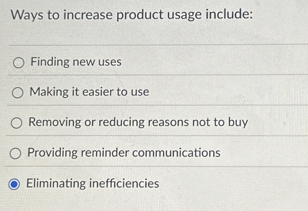 Solved Ways to increase product usage include:Finding new | Chegg.com