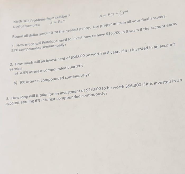 Solved Math 103 Problems from section 7 Useful formulas: A = | Chegg.com
