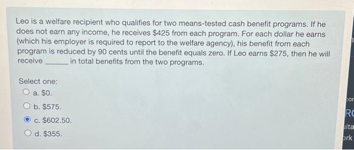 Solved Leo is a welfare recipient who qualifies for two | Chegg.com Solved Leo is a welfare recipient who qualifies for two | Chegg.com