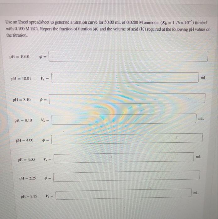 Use an Excel spreadsheet to generate a titration | Chegg.com