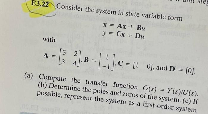 E3.22 Consider the system in state variable form with | Chegg.com