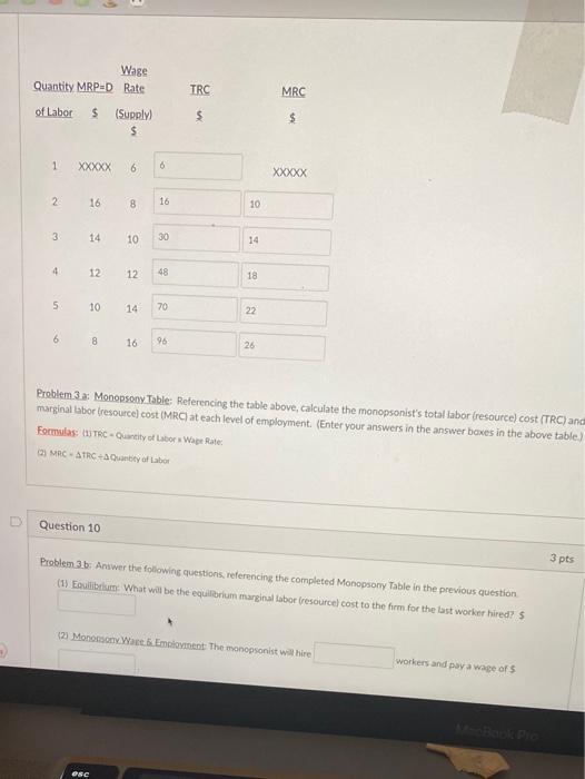 Solved Wage Quantity MRPD Rate TRC MRC of Labor $ $ (Supply | Chegg.com