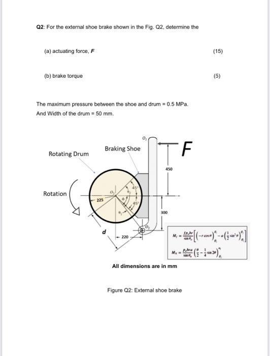Solved Q2: For the external shoe brake shown in the Fig. Q2, | Chegg.com