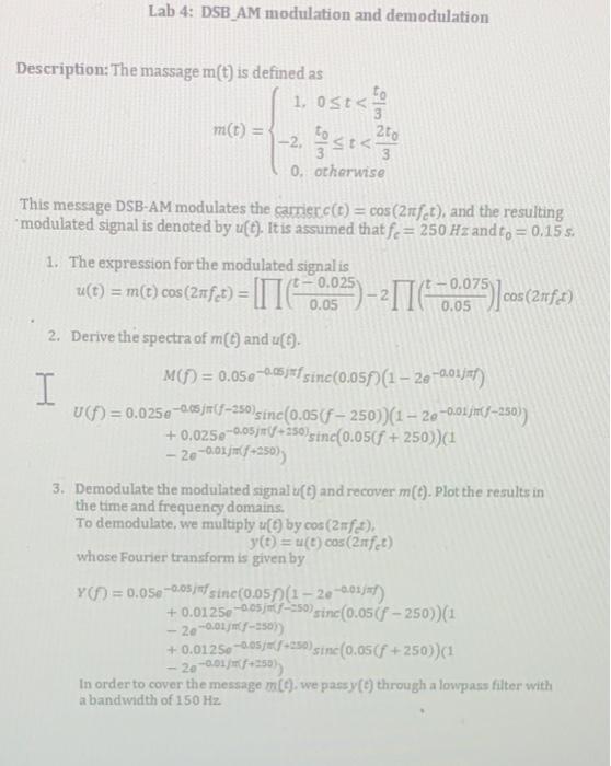 Solved Lab 4: DSB_AM modulation and demodulation | Chegg.com
