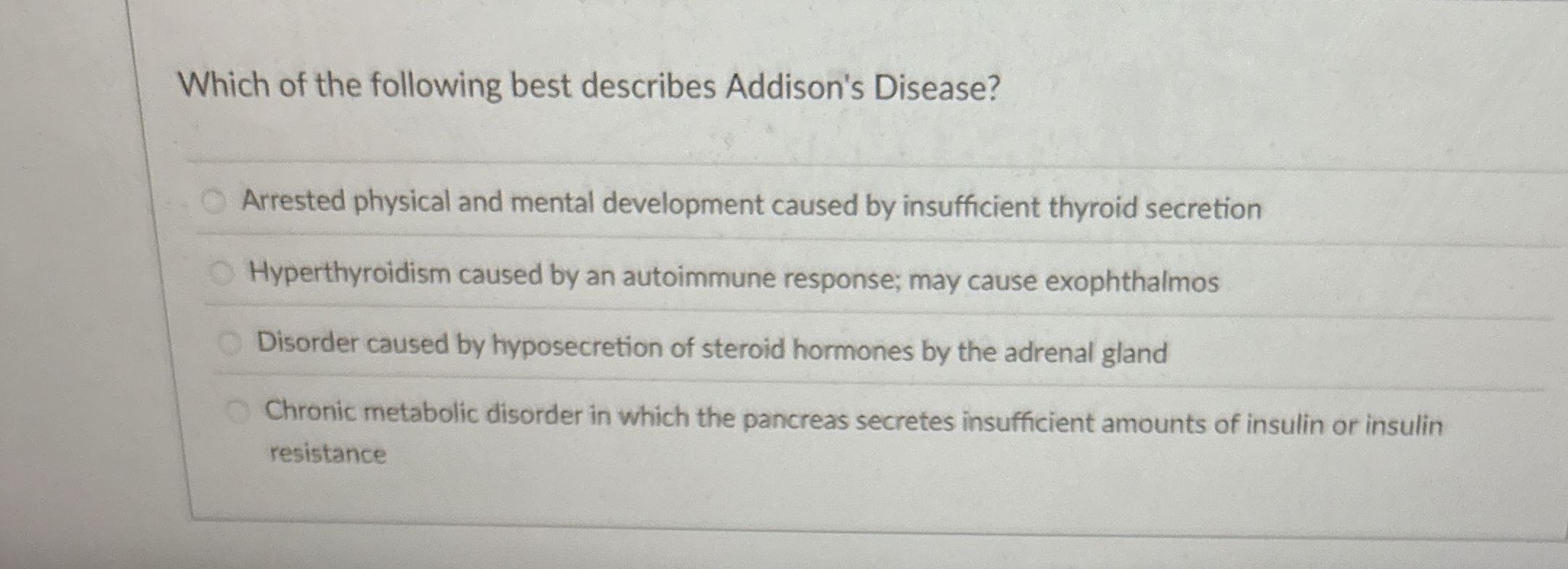 Solved Which of the following best describes Addison's | Chegg.com