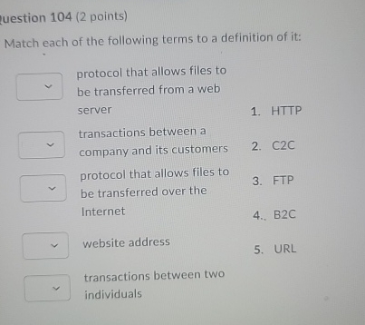 Solved uestion 104 (2 ﻿points)Match each of the following | Chegg.com