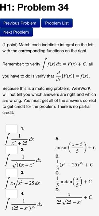 Solved (1 point) Match each indefinite integral on the left | Chegg.com