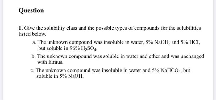 Solved Question 1. Give the solubility class and the | Chegg.com