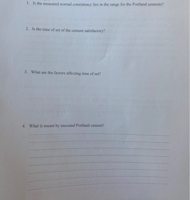 Solved 1. Is the measured normal consistency lies in the | Chegg.com
