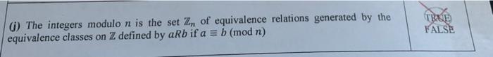 Solved C) The integers modulo n is the set Zy of equivalence | Chegg.com