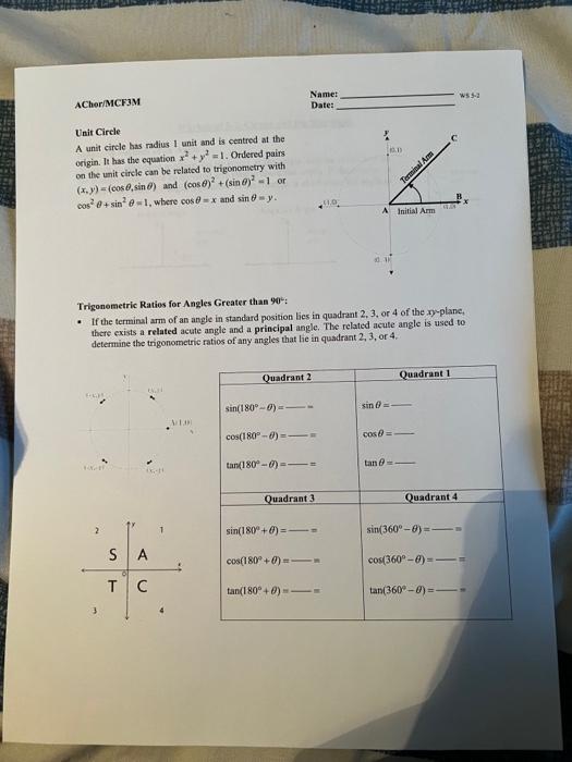 Solved AChor/MCF3M Namet Datez Unit Circle A unit circle has | Chegg.com