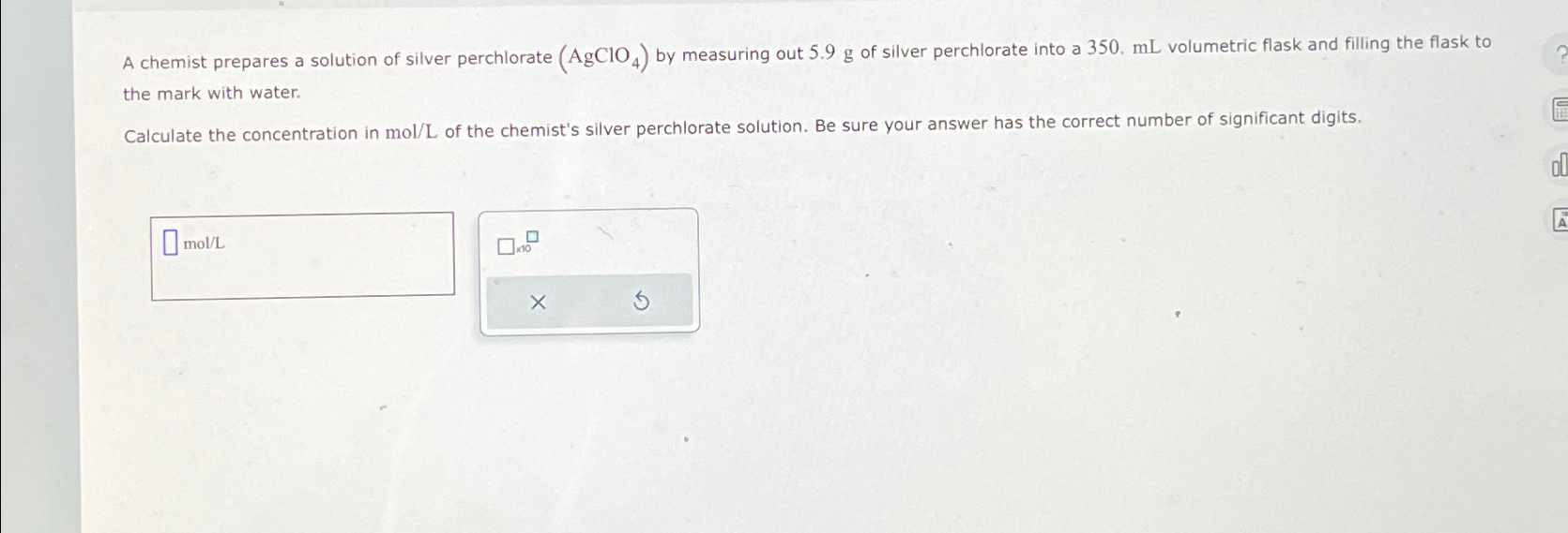 Solved A chemist prepares a solution of silver perchlorate | Chegg.com