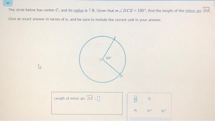 Solved The circle below has center C, and its radius is 7ft. | Chegg.com
