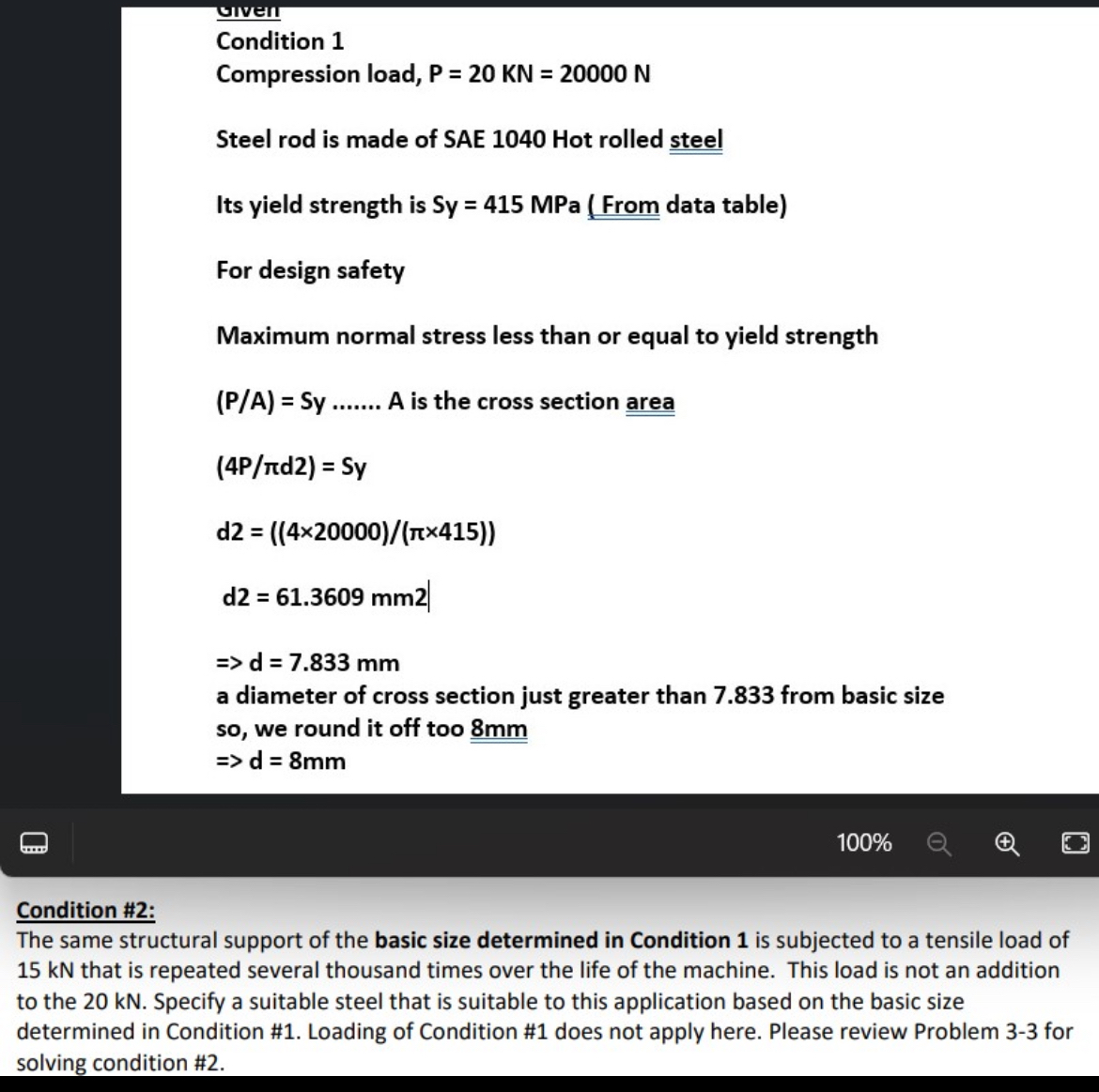 Solved Condition 1Compression load, P=20KN=20000NSteel rod | Chegg.com