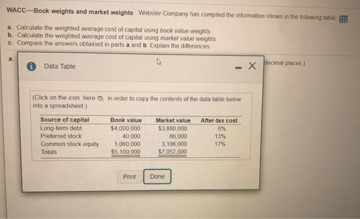 Solved WACC-Book weights and market weights Webster Company | Chegg.com