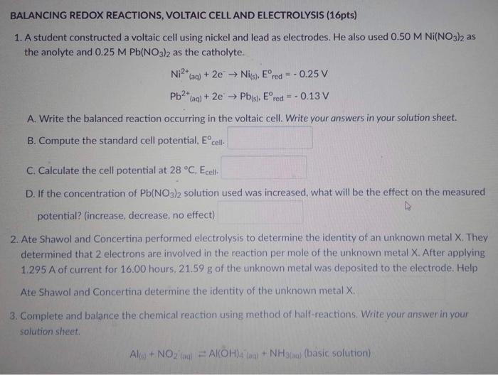 Solved BALANCING REDOX REACTIONS, VOLTAIC CELL AND | Chegg.com